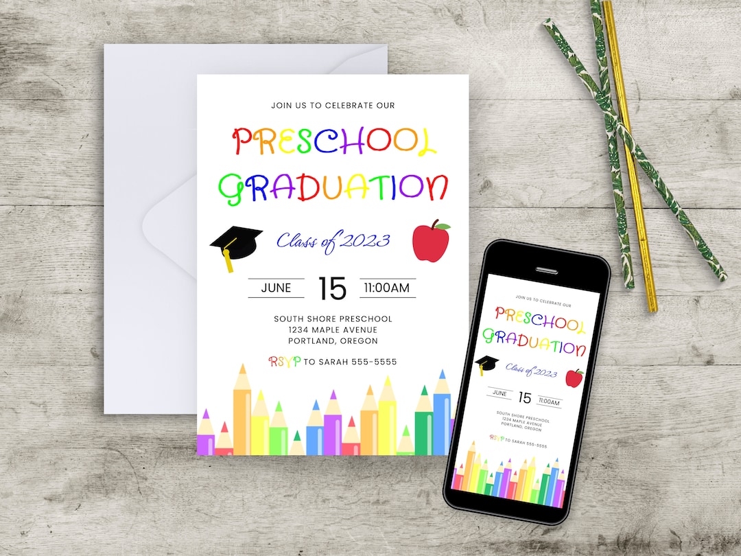 Preschool Graduation Invitation Template, INSTANT DOWNLOAD, Digital ...