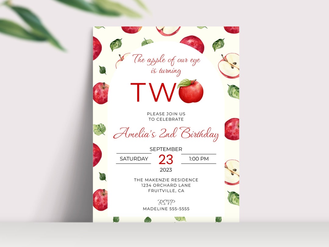 Apple Birthday Invitation, 2nd Birthday Apple Theme, INSTANT DOWNLOAD ...