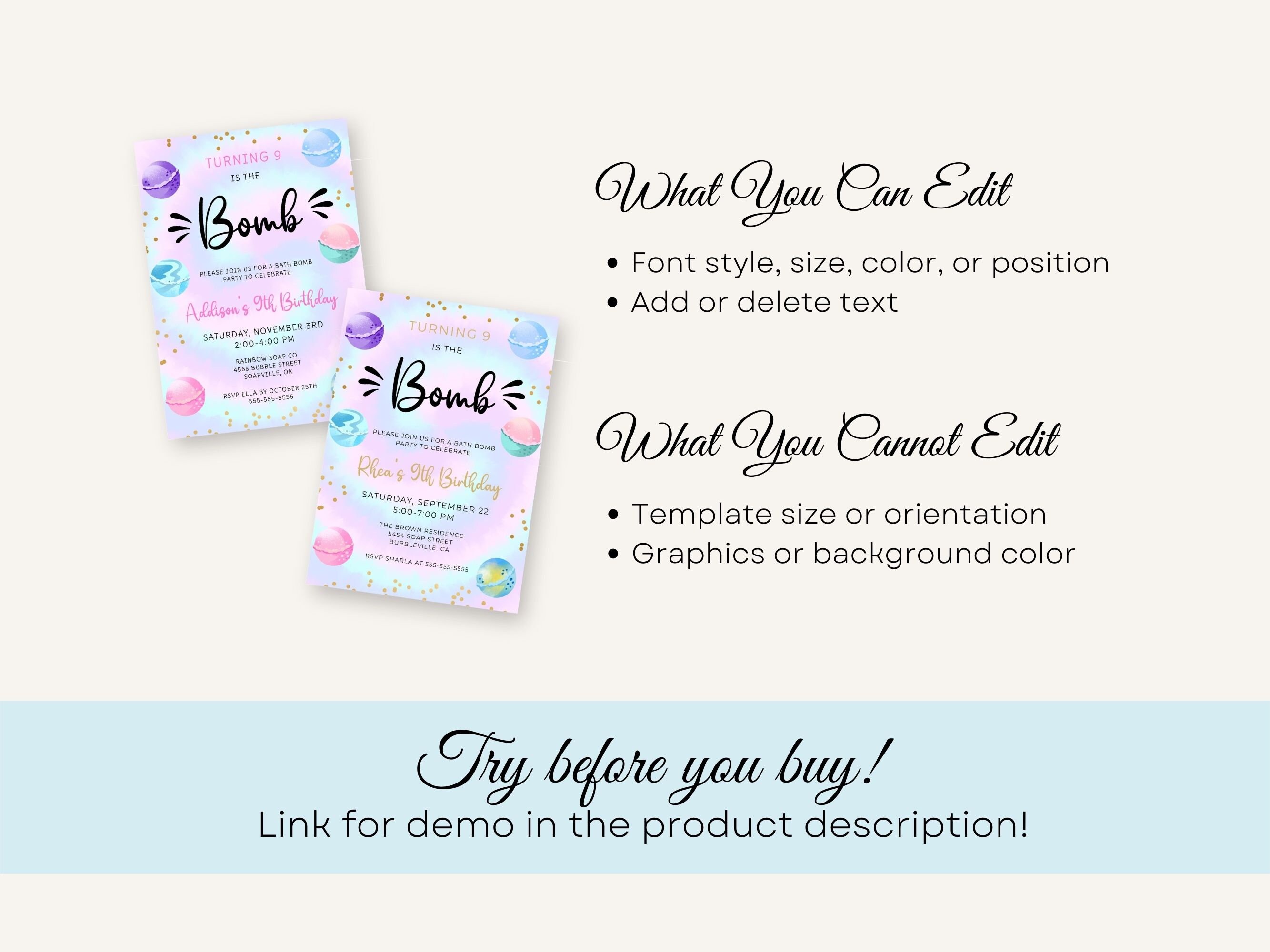 Party Reminder Template, Editable Bath Bomb Birthday Courtesy Text for ...