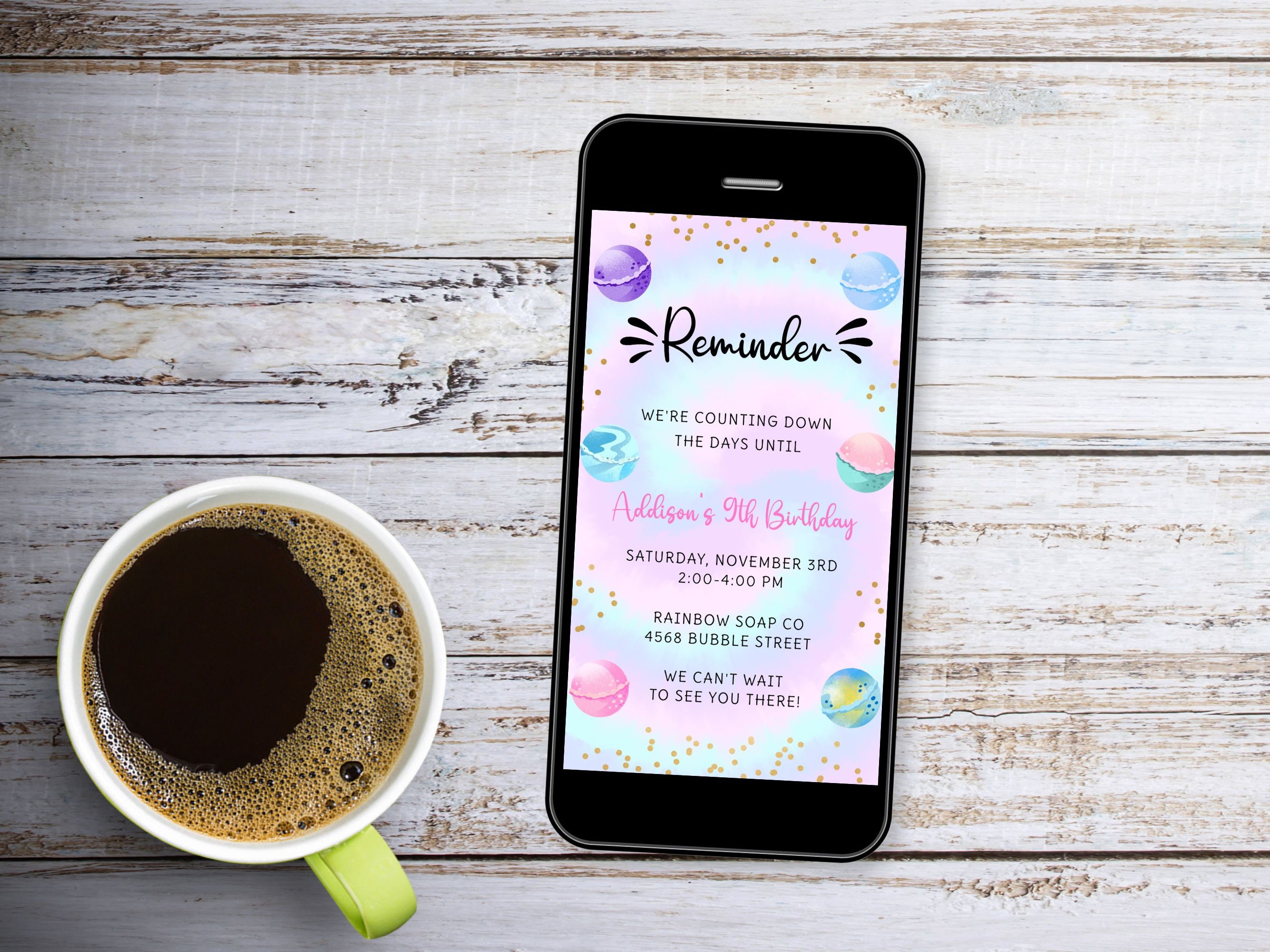 Party Reminder Template, Editable Bath Bomb Birthday Courtesy Text for ...