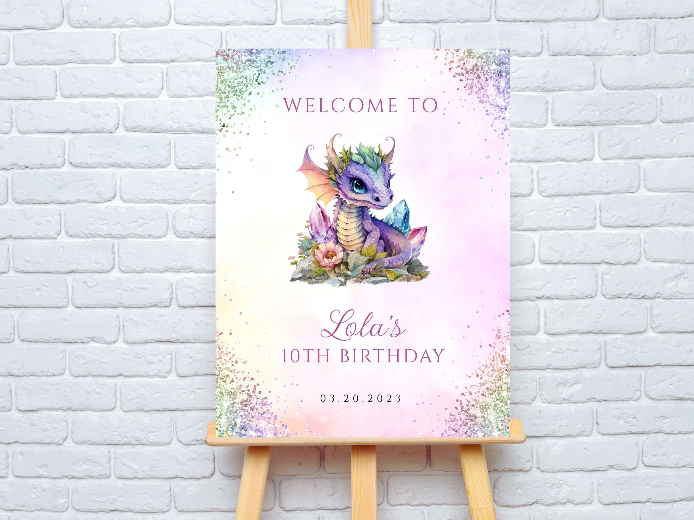 Girl Dragon Welcome Sign Template, Dragon Birthday Party Poster, Purple ...