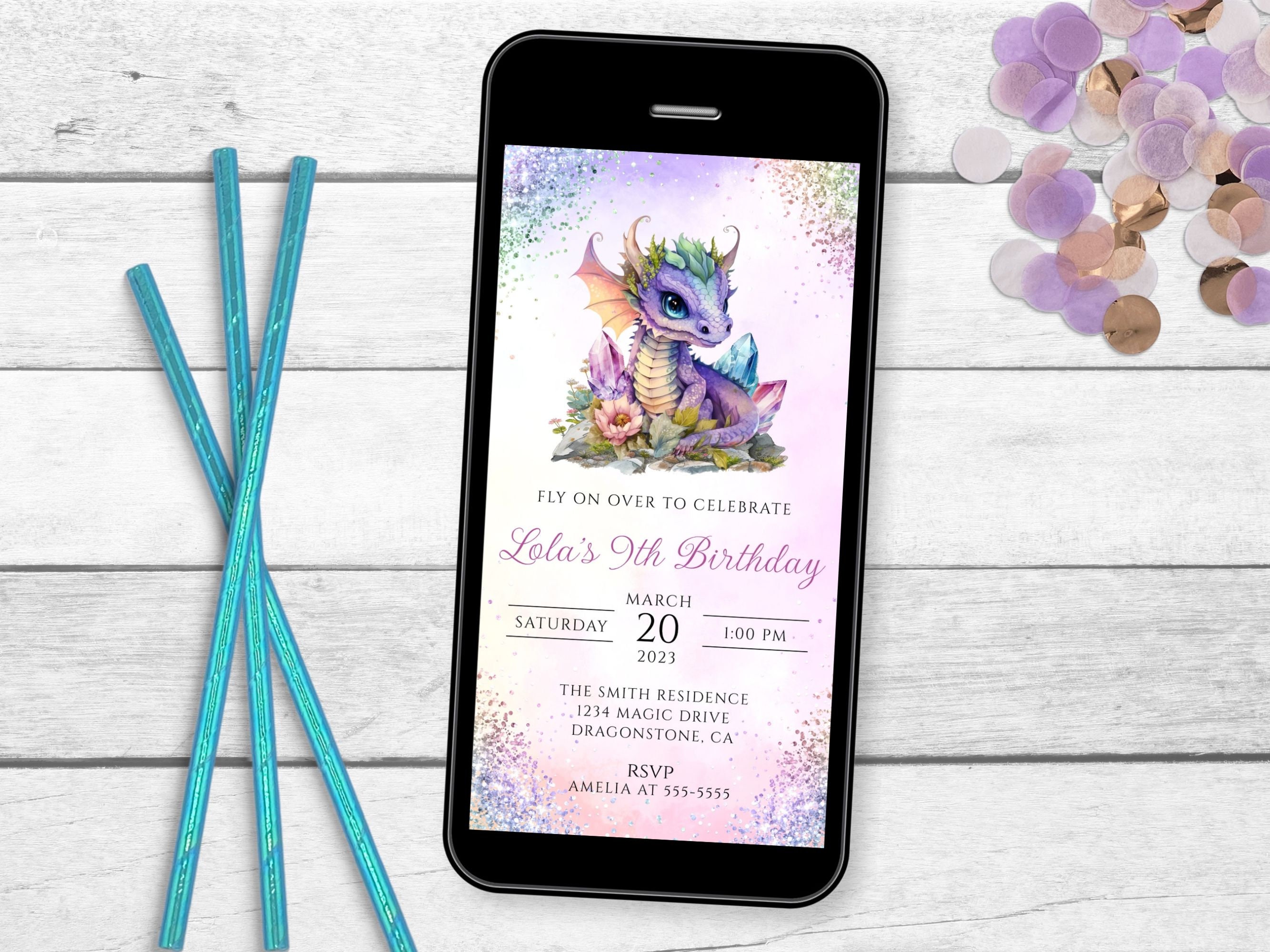 Girl Dragon Birthday Party Invitation Purple Dragon Invite - Etsy