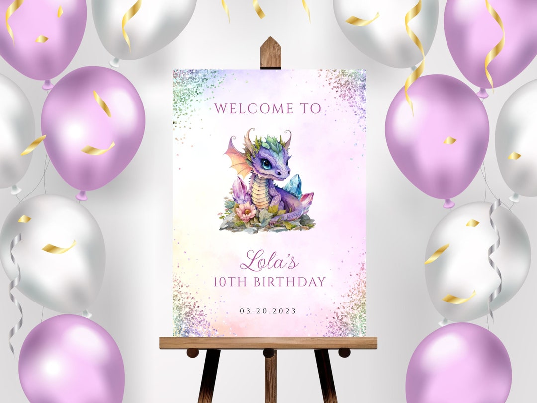 Girl Dragon Welcome Sign Template, Dragon Birthday Party Poster, Purple ...