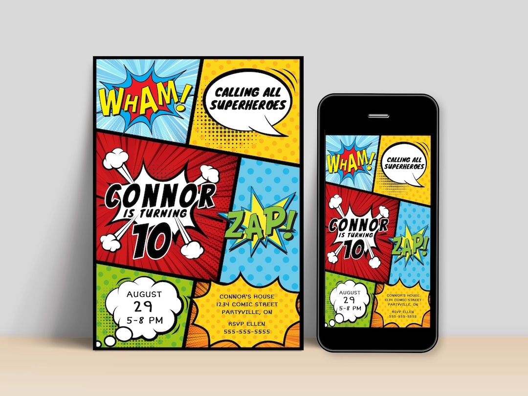 Superhero Birthday Invitation Template, Editable Kids Comic Book Theme ...