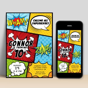 Superhero Birthday Invitation Template, Editable Kids Comic Book Theme ...