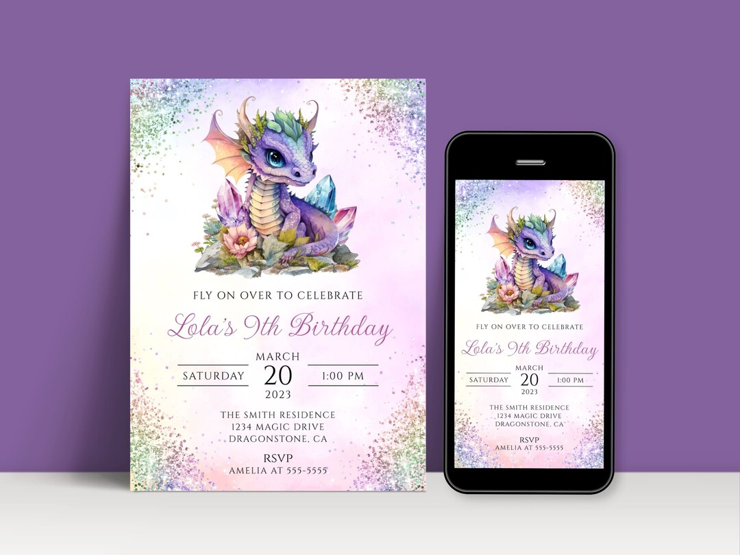 Girl Dragon Birthday Party Invitation, Purple Dragon Invite, Kids 9th ...