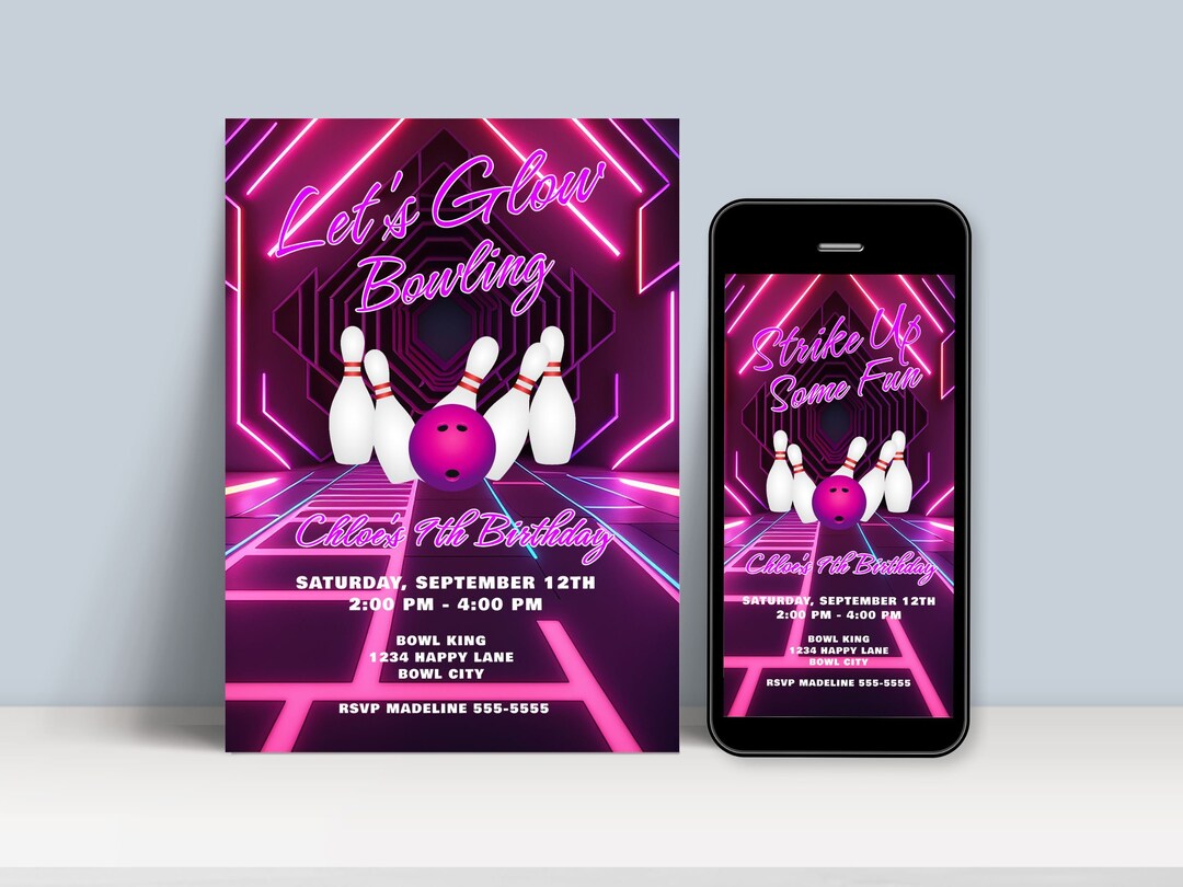 Girls Bowling Invitation Template, Bowling Birthday Party Invite, Neon ...