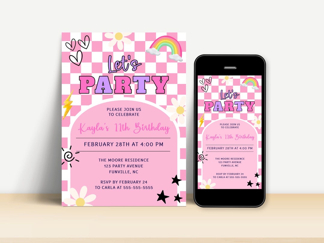 Preppy Birthday Invitation Template, Pink Checkered Party Invite ...