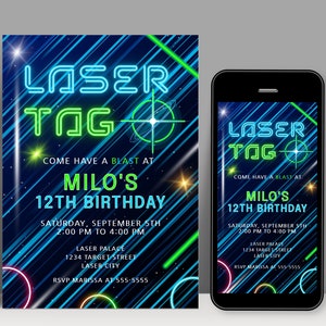 Boys Laser Tag 12th Birthday Invitation Neon Glow Party - Etsy