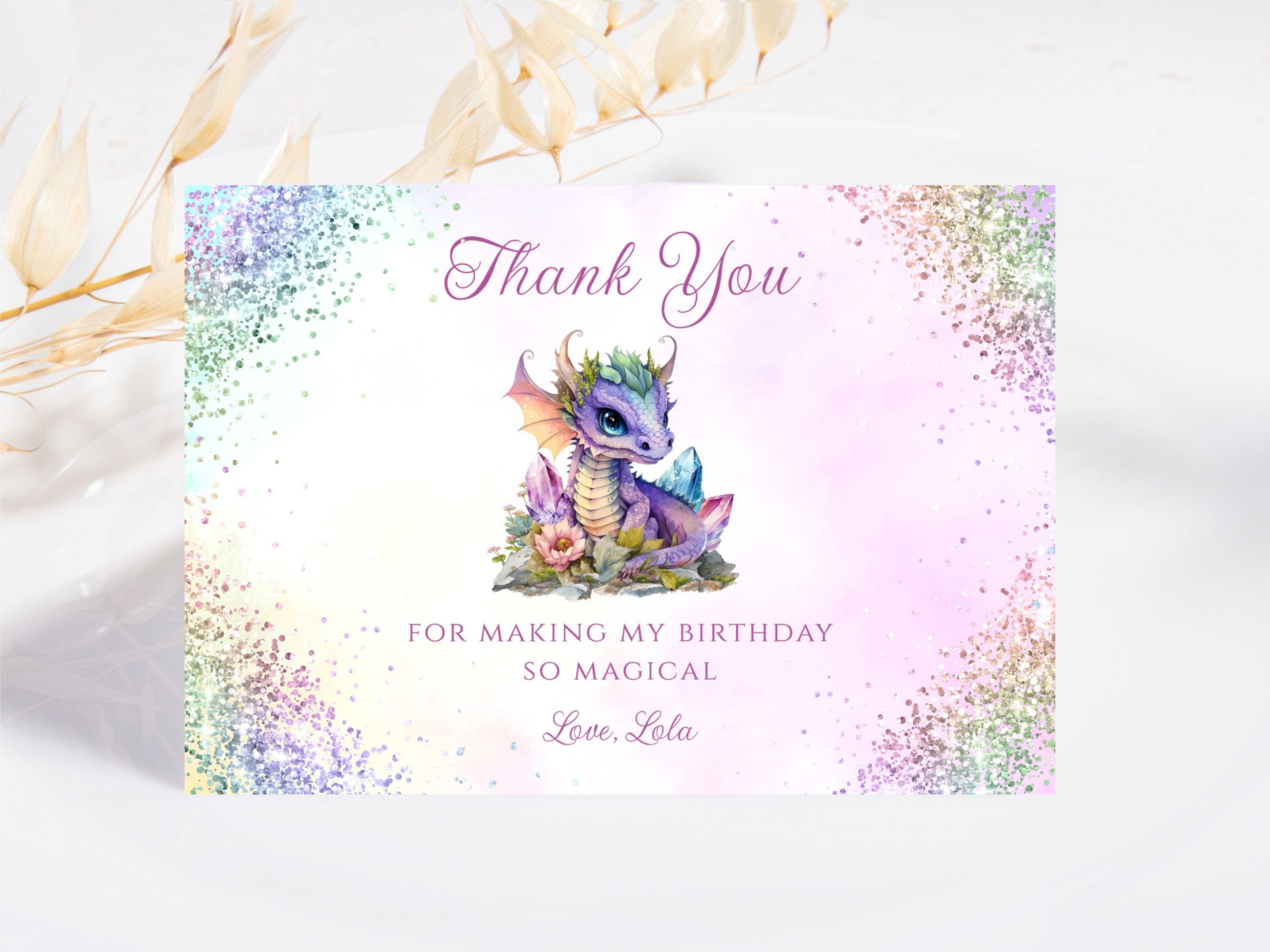 Editable Dragon Thank You Card, Girl Dragon Birthday Party, Thanks Note ...