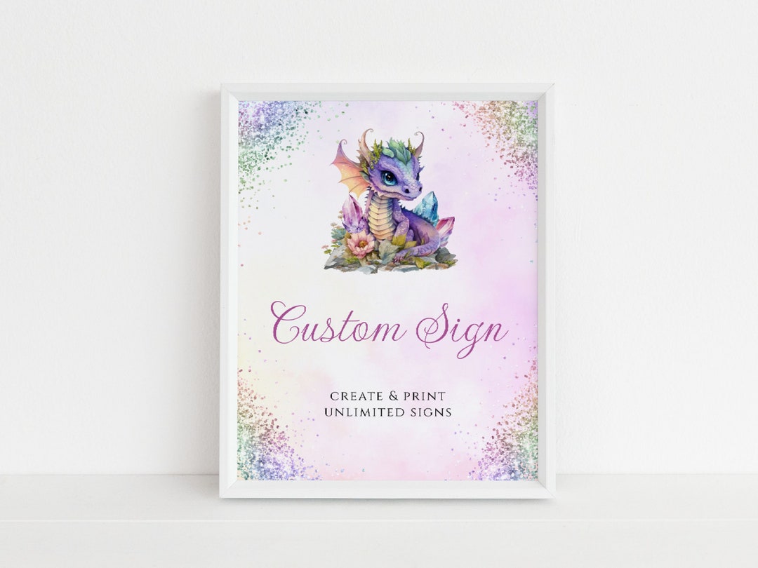 Girl Dragon Custom Sign Template, Purple Dragon Birthday Party Decor ...
