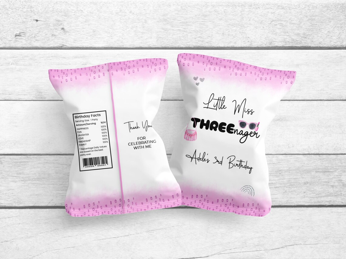 Threenager Party Favor, Chip Bag Wrapper Template, Girls 3rd Birthday ...