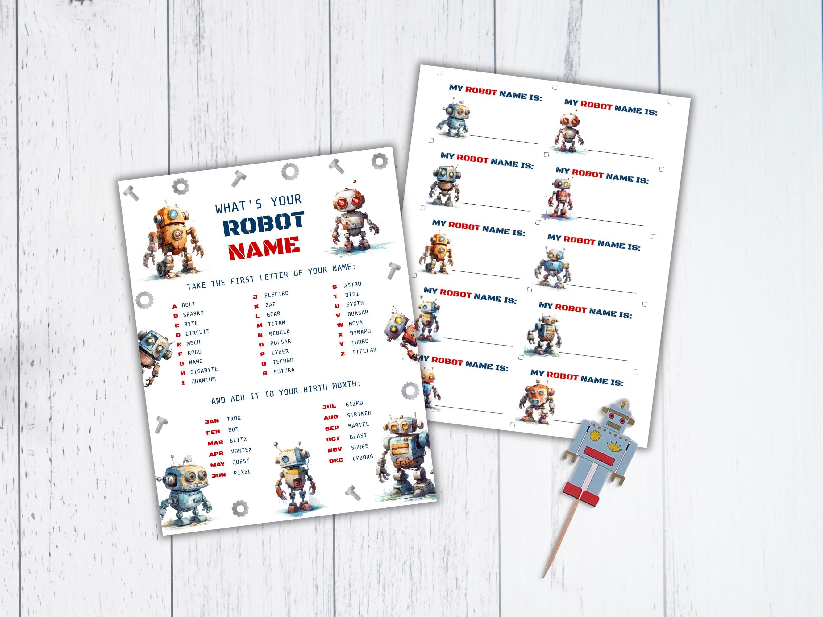 What's Your Robot Name Party Game & Name Tags, Boys Birthday Activity ...
