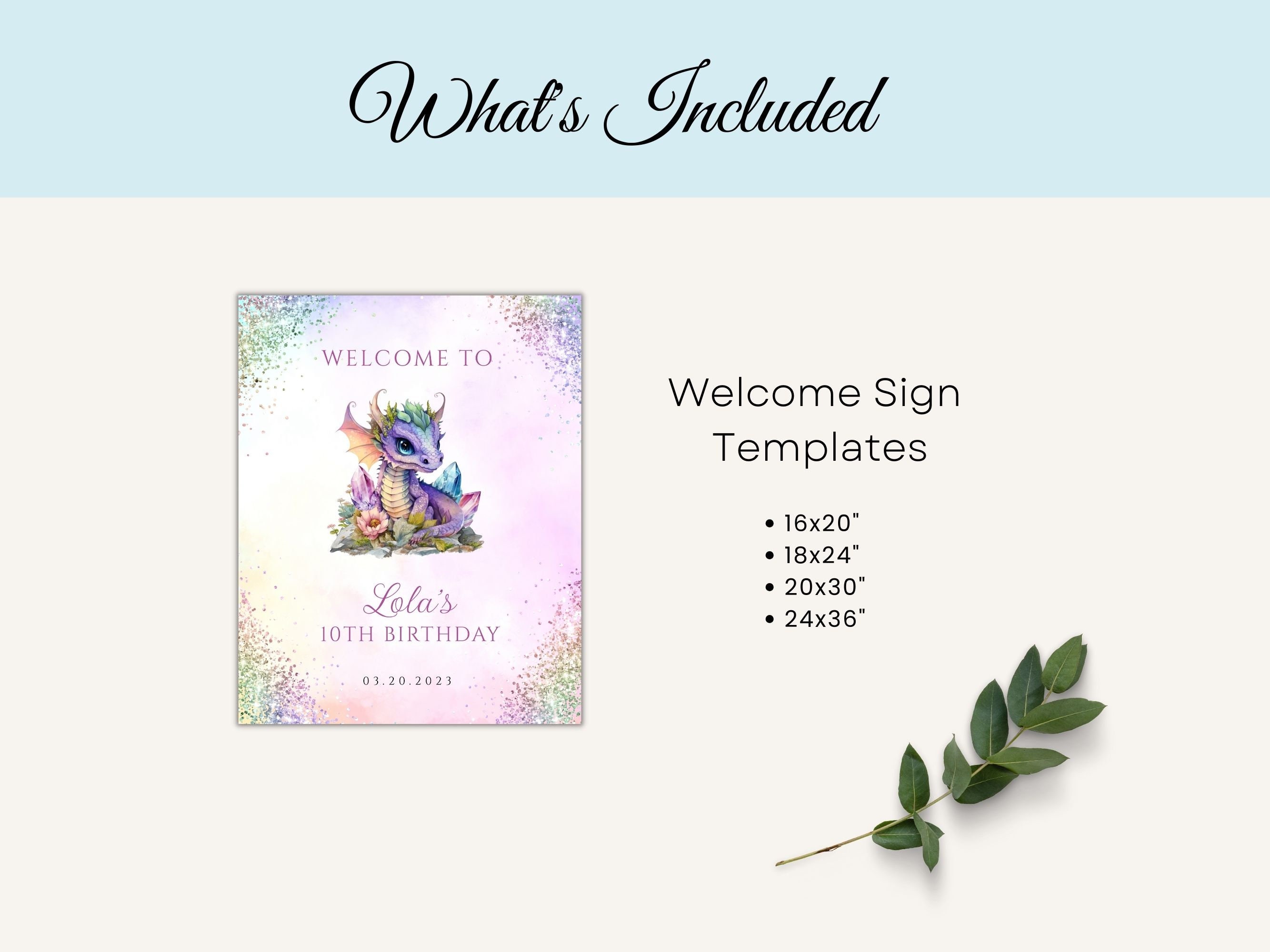 Girl Dragon Welcome Sign Template, Dragon Birthday Party Poster, Purple ...