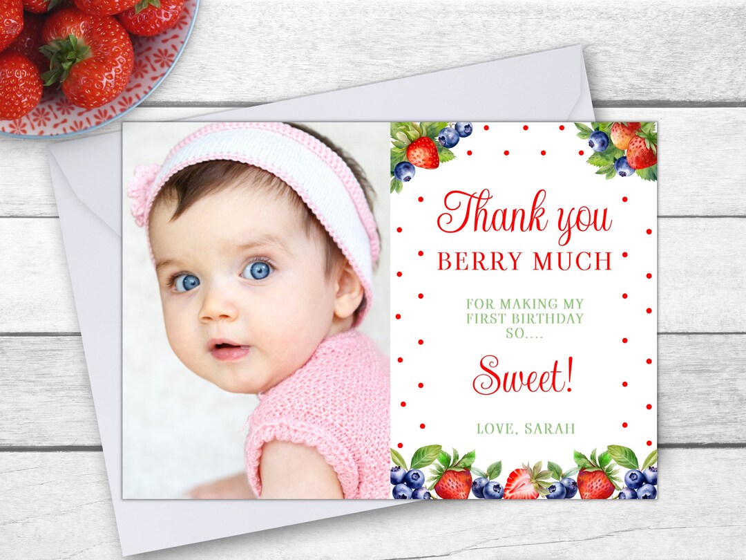 Berry First Birthday Thank You Card Template, Editable Strawberry 1st ...