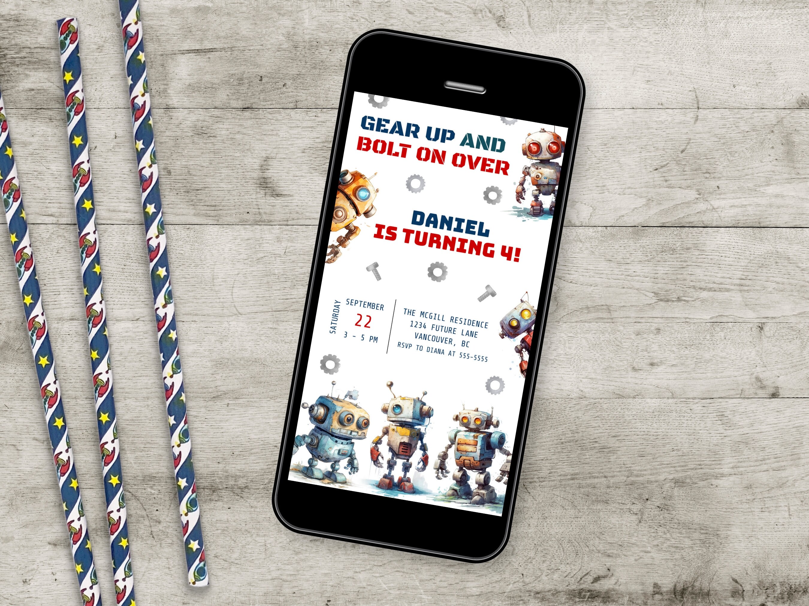 Robot 4th Birthday Invitation Template, INSTANT DOWNLOAD, Editable ...