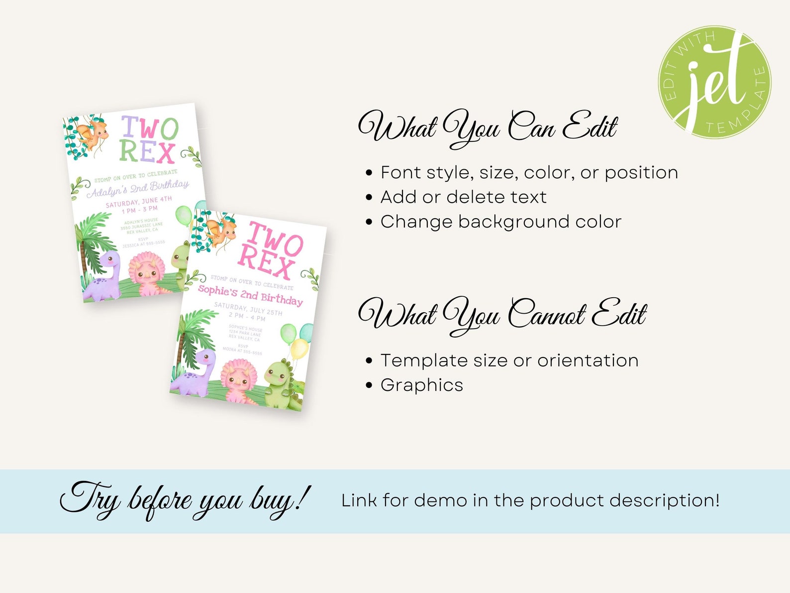 Pastel Two Rex Party Invitation Template, Girl Dinosaur Invite, Pink ...