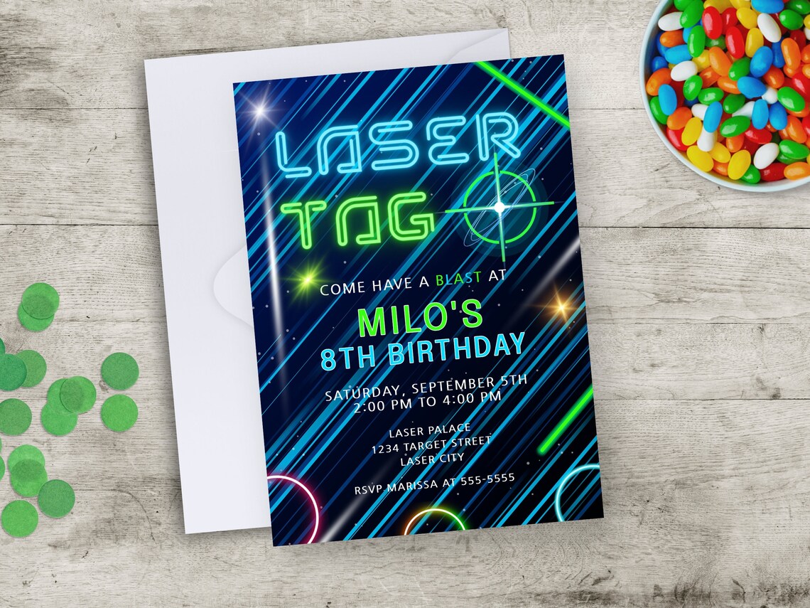 Laser Tag 8th Birthday Invitation Template, Boys Neon Glow Party, Kids ...