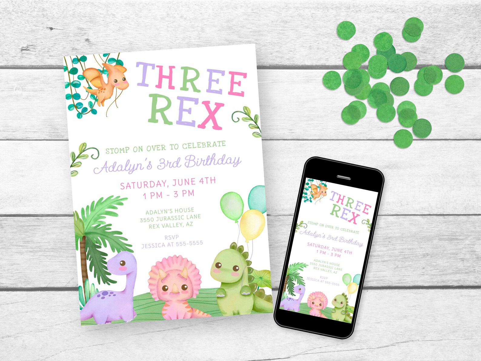 Pastel Three Rex Party Invitation Template, Girl Dinosaur Invite ...