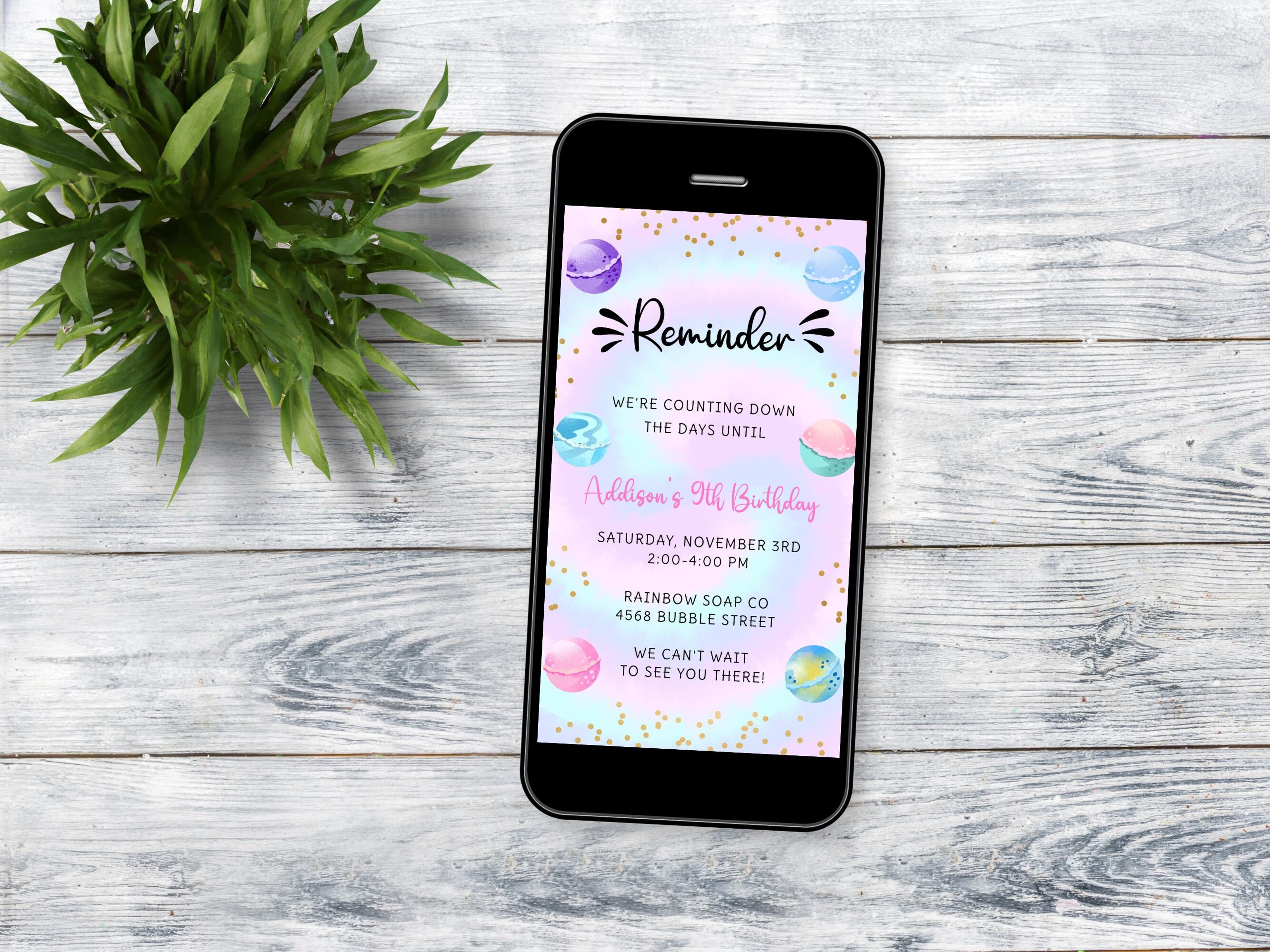 Party Reminder Template, Editable Bath Bomb Birthday Courtesy Text for ...