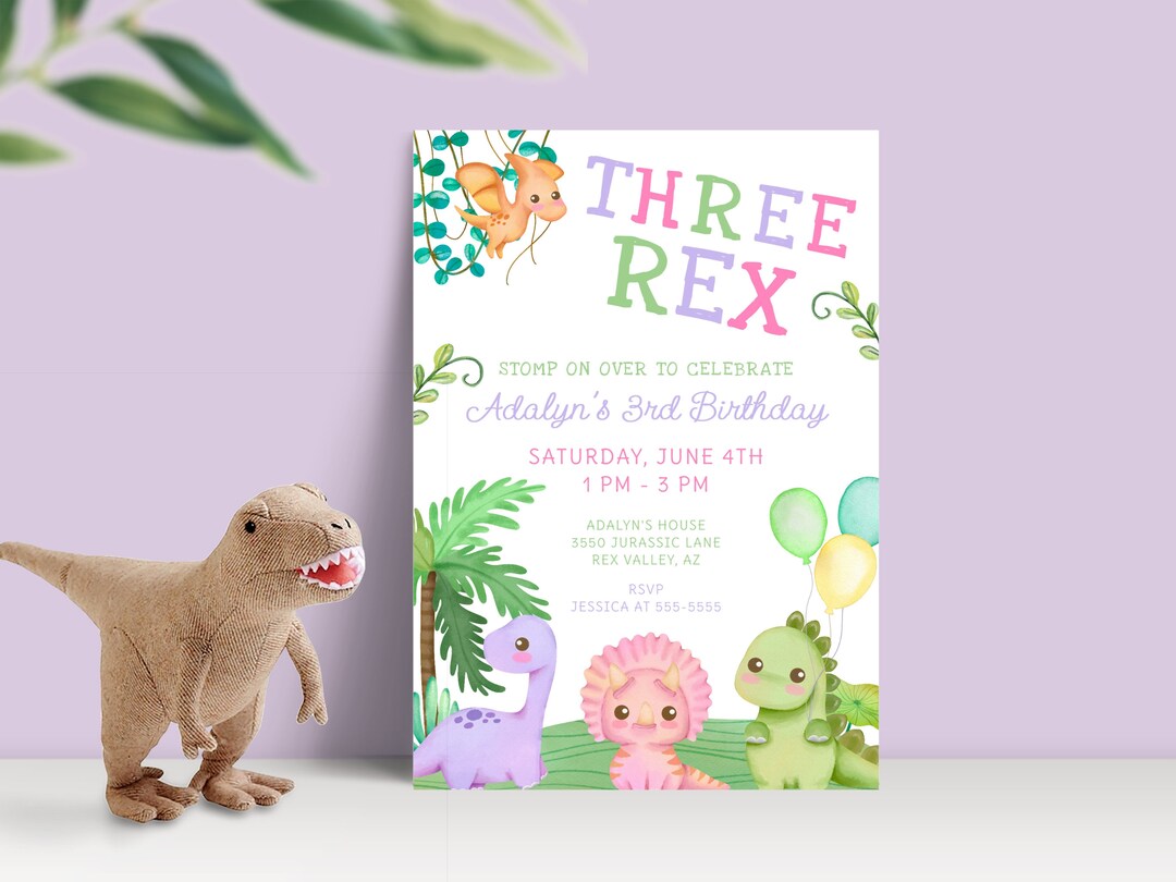 Pastel Three Rex Party Invitation Template, Girl Dinosaur Invite ...