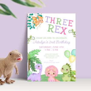 Pastel Three Rex Party Invitation Template, Girl Dinosaur Invite ...