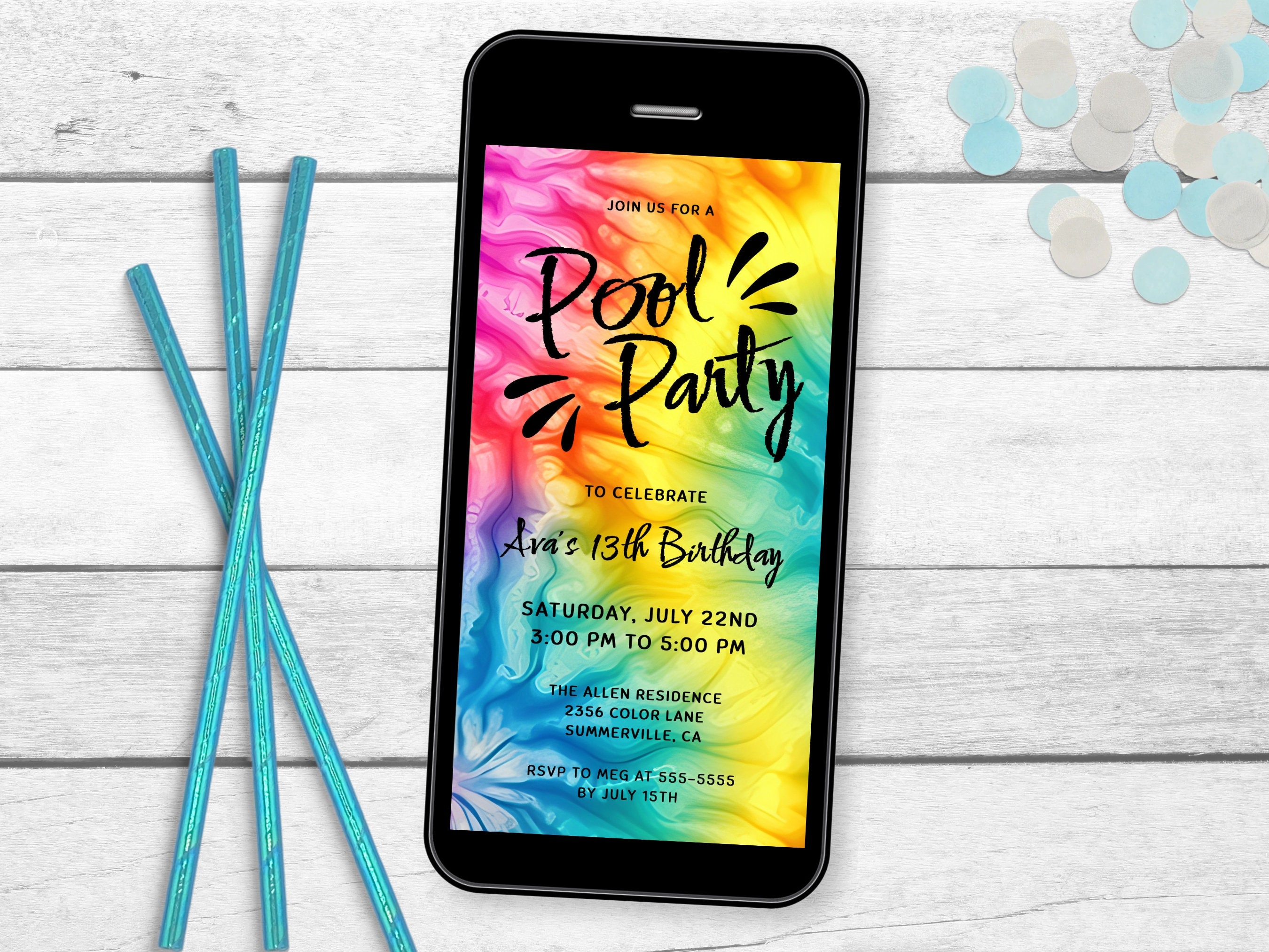 Pool Party Invitation 13th Birthday, Neon Tie Dye Pool Party Invite ...