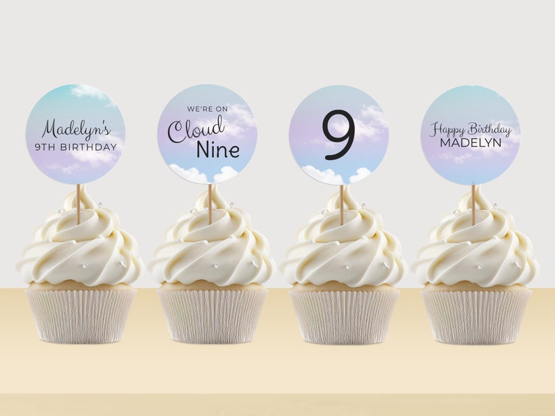 Cloud Nine Cupcake Toppers, INSTANT DOWNLOAD, Editable Cloud 9 Birthday ...