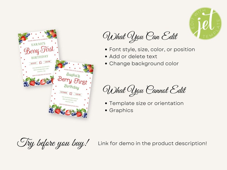 Berry First Birthday Thank You Card Template, Editable Strawberry 1st ...