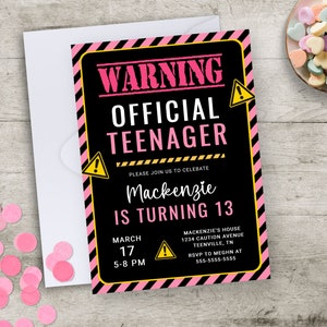 Editable 13th Birthday Invitation, Warning Official Teenager Invite ...