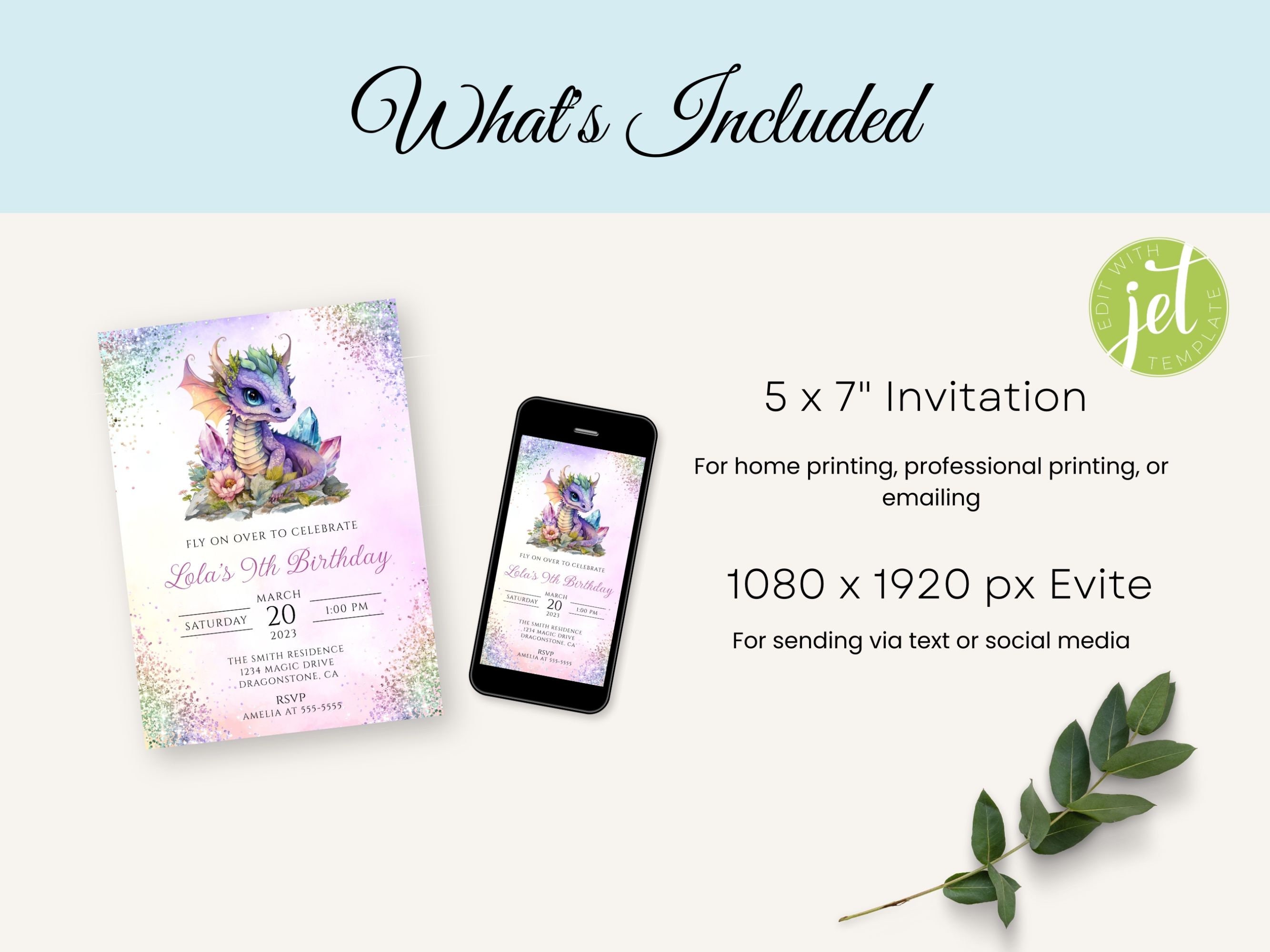 Girl Dragon Birthday Party Invitation, Purple Dragon Invite, Kids 9th ...