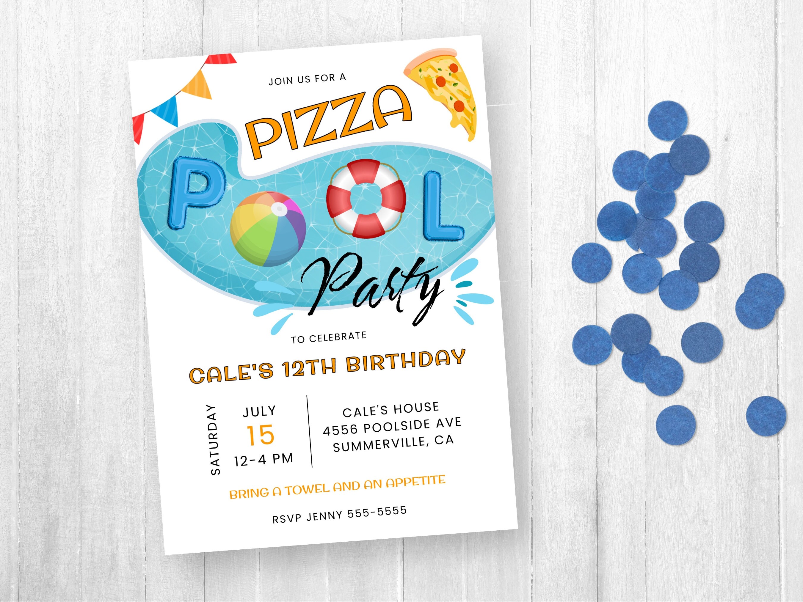 Pizza Pool Party Invite, INSTANT DOWNLOAD, Summer Kids Pool Birthday ...