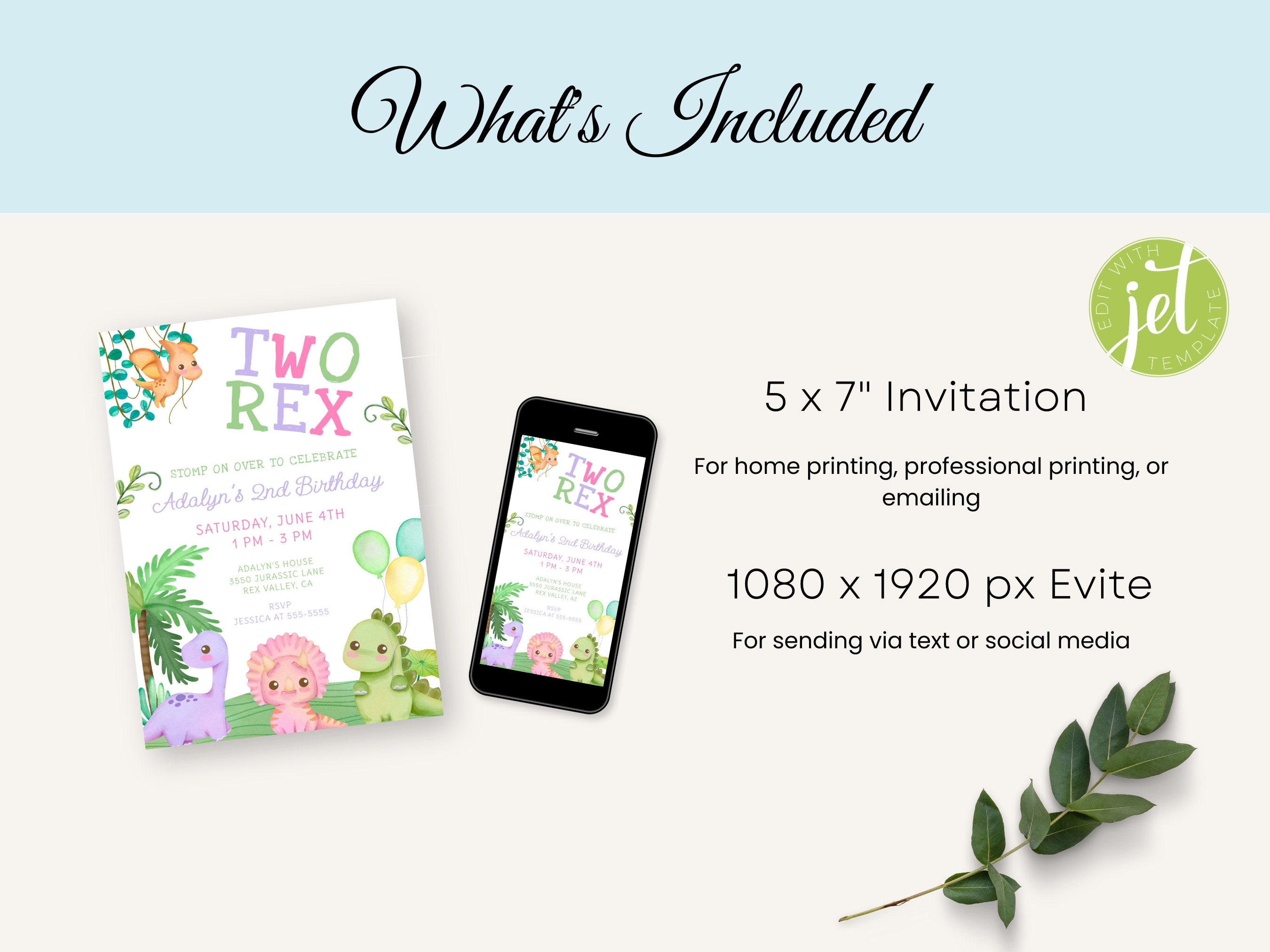 Pastel Two Rex Party Invitation Template, Girl Dinosaur Invite, Pink ...