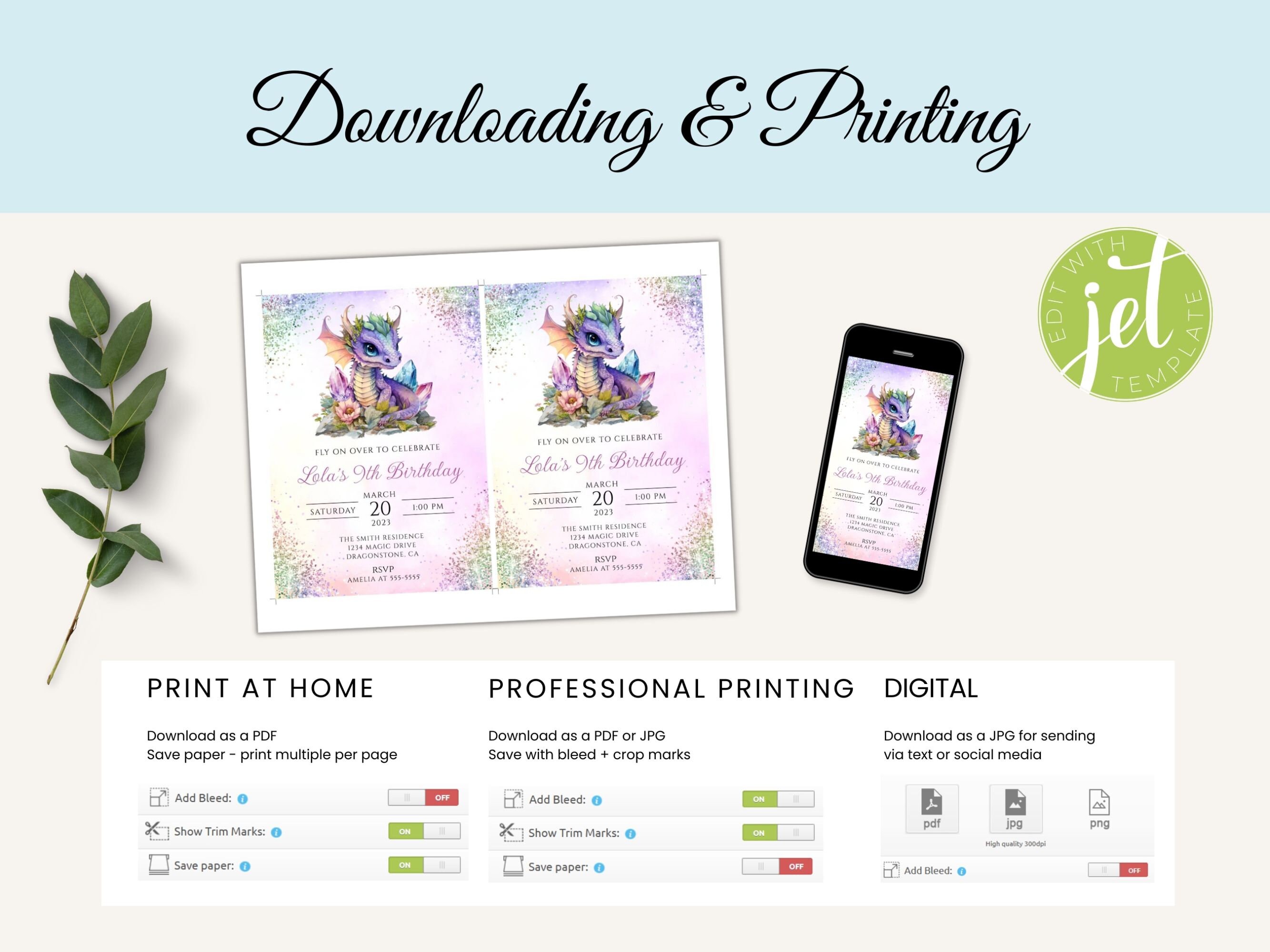 Girl Dragon Birthday Party Invitation, Purple Dragon Invite, Kids 9th ...