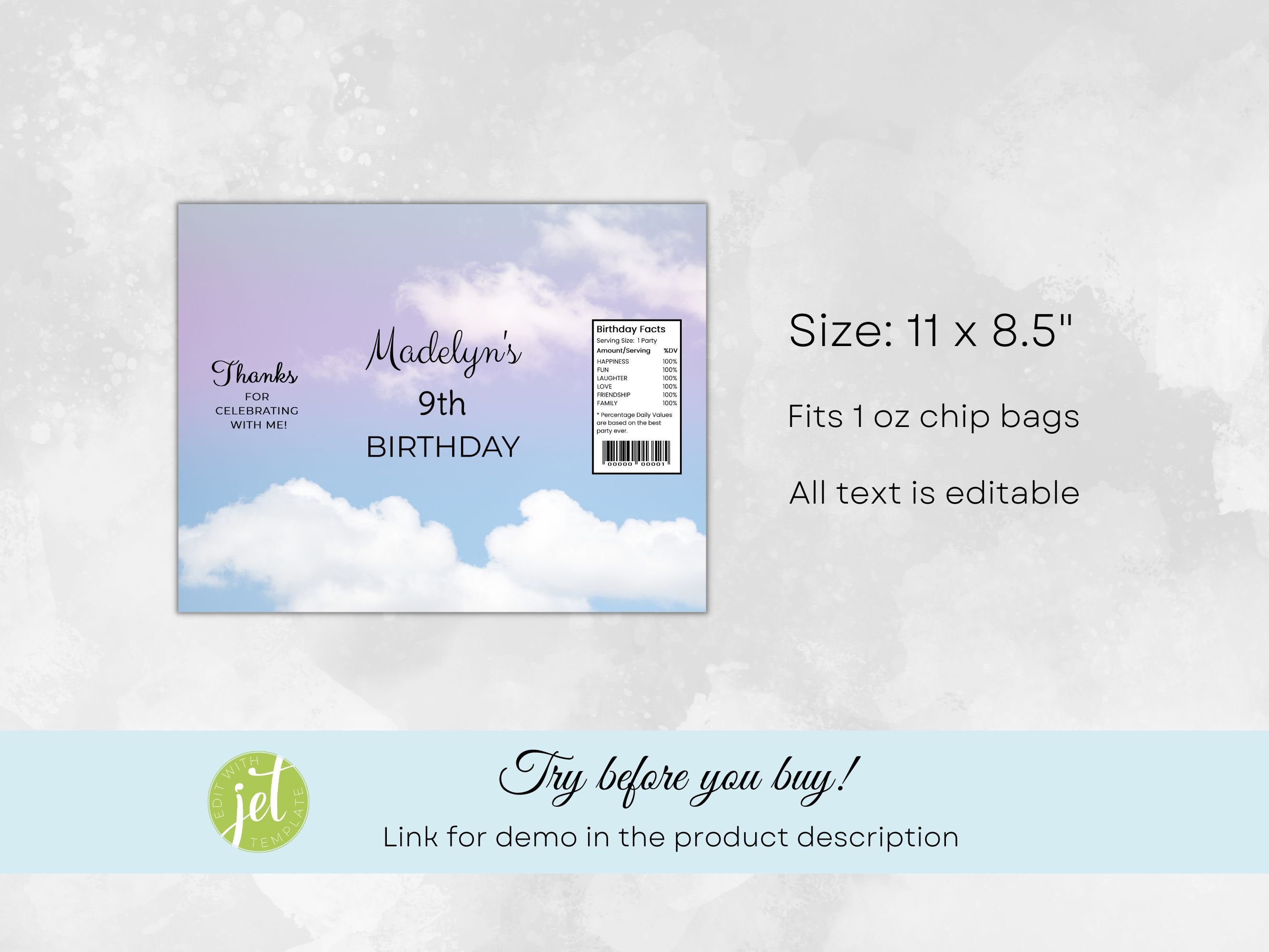 Cloud Nine Snack Bundle, Chip Bag Wrapper, Water Bottle Label, Juice ...