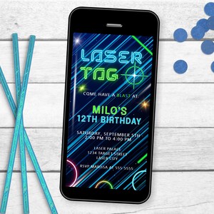 Boys Laser Tag 12th Birthday Invitation, Neon Glow Party, Printable ...
