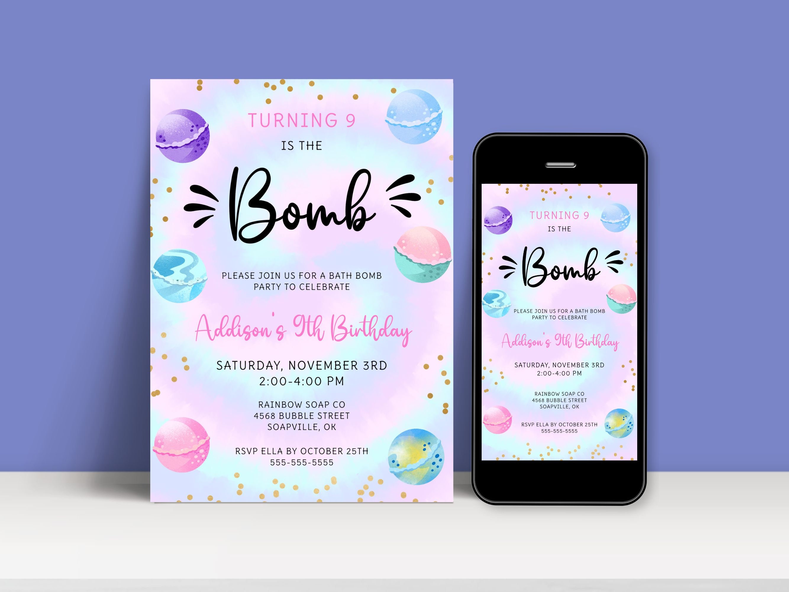 Editable Bath Bomb Party Invite, Girls Birthday Invitation, Custom Pink ...