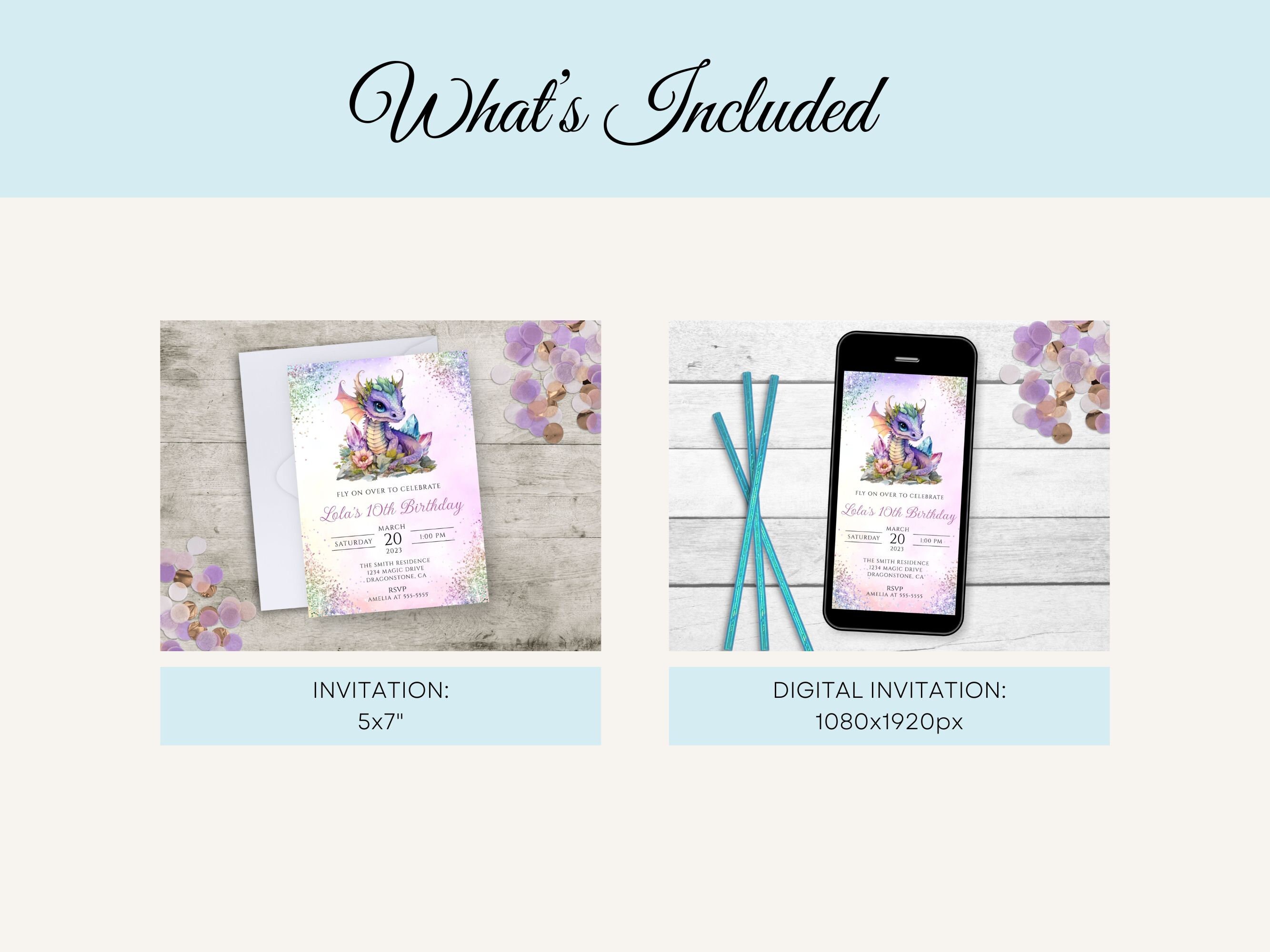 Girl Dragon Birthday Invitation Bundle, Kids Party Favors, Editable ...