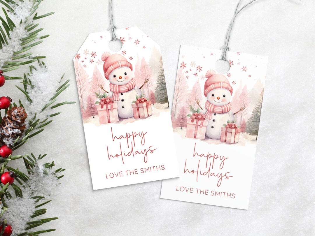 Pink Snowman Gift Tag Template, Editable Holiday Favor Tag, Printable ...