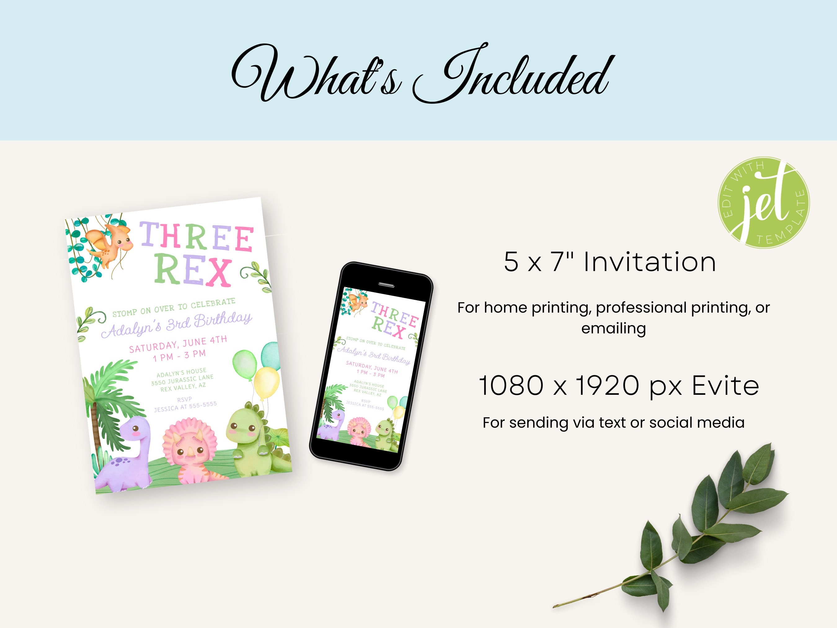 Pastel Three Rex Party Invitation Template, Girl Dinosaur Invite ...