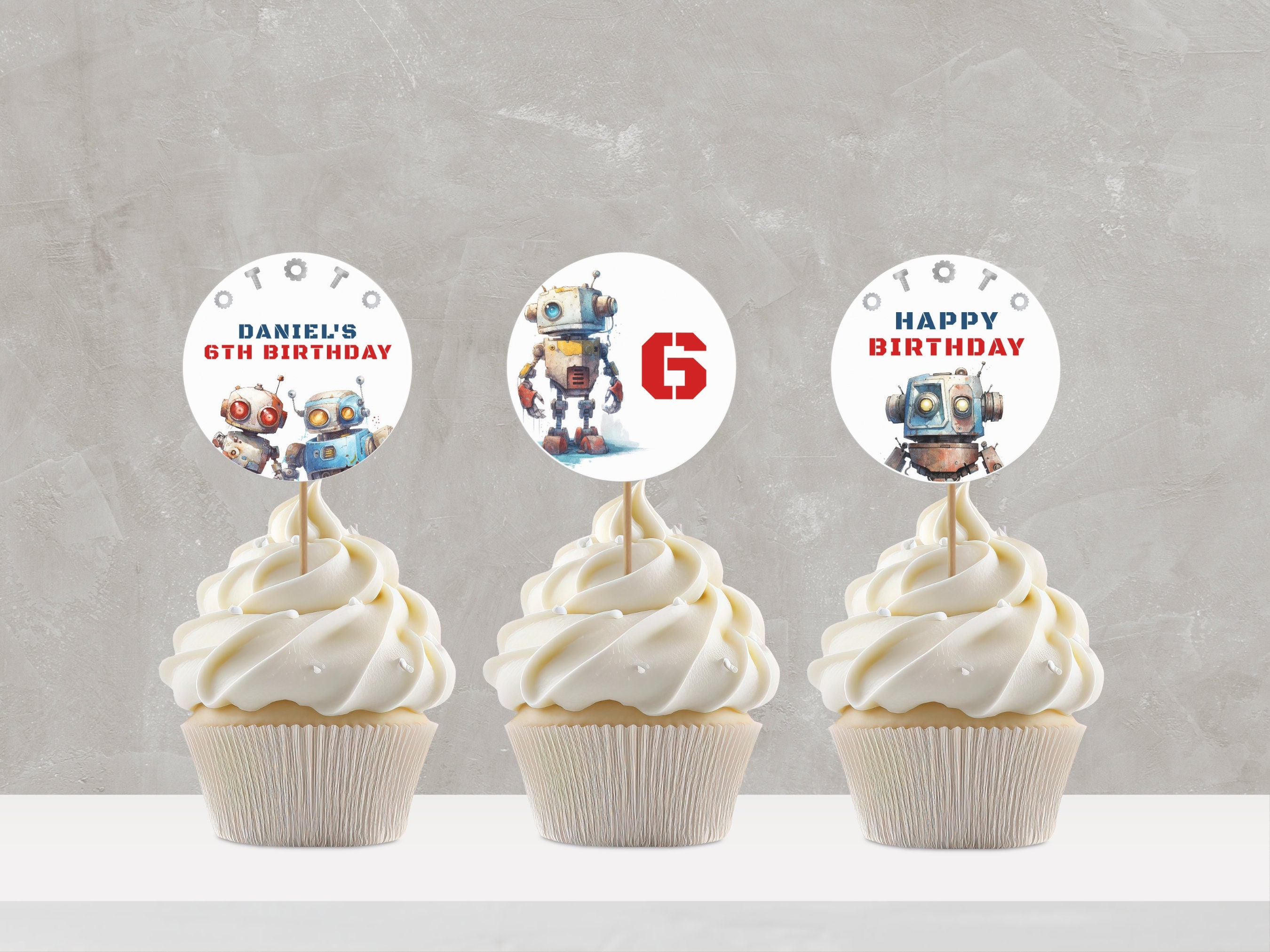 Robot Birthday Cupcake Toppers, INSTANT DOWNLOAD, Editable Robot ...