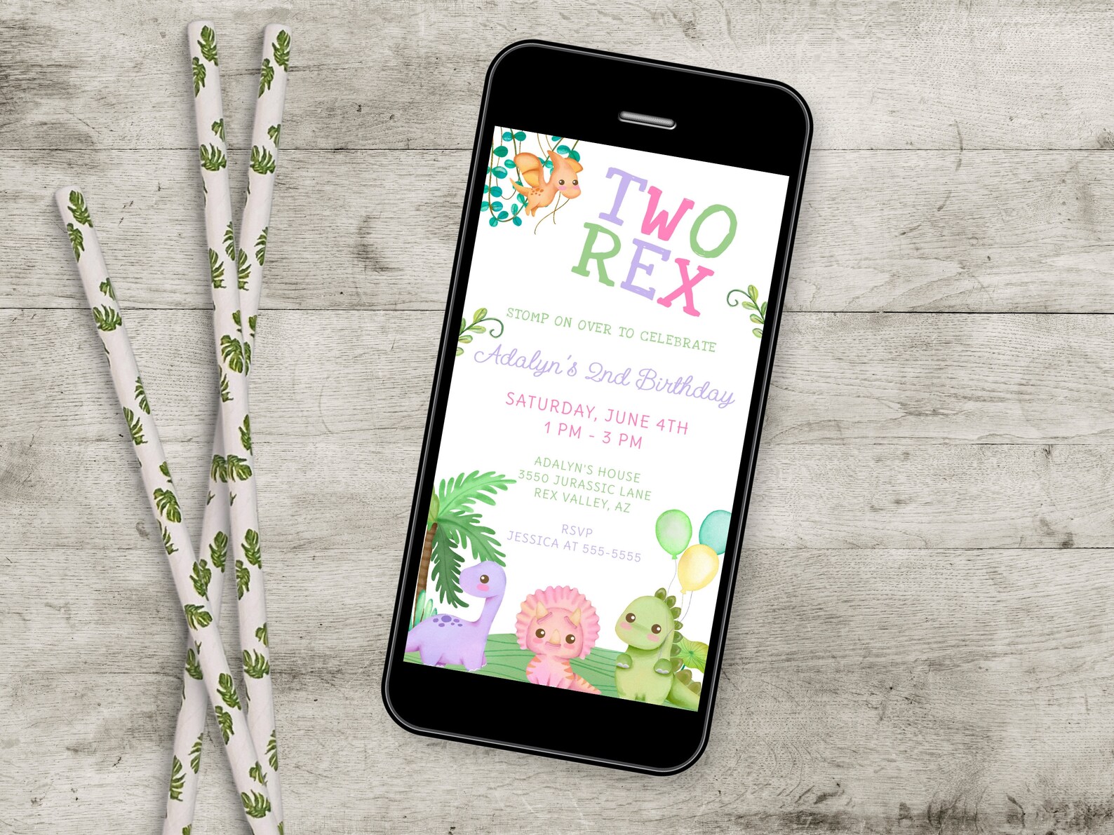 Pastel Two Rex Party Invitation Template, Girl Dinosaur Invite, Pink ...