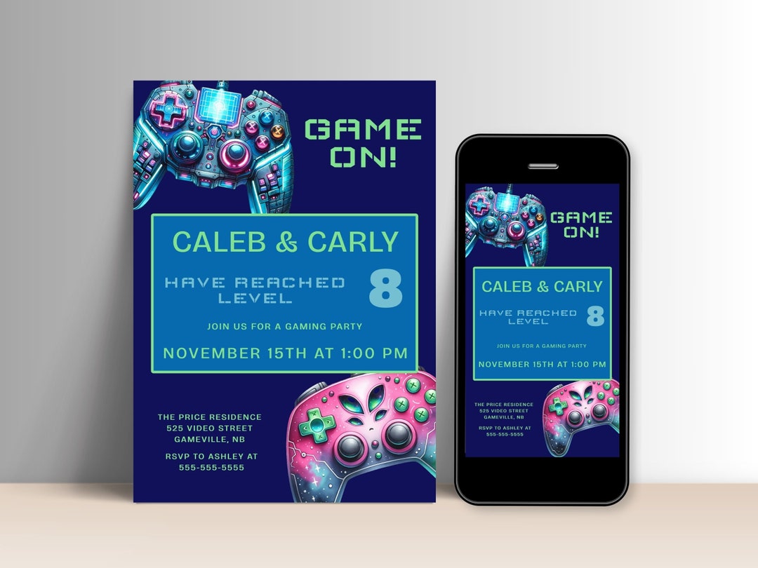 Twin Video Game Birthday Invitation Template, Editable Sibling Gaming ...