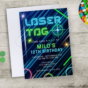 Boys Laser Tag 12th Birthday Invitation, Neon Glow Party, Printable ...