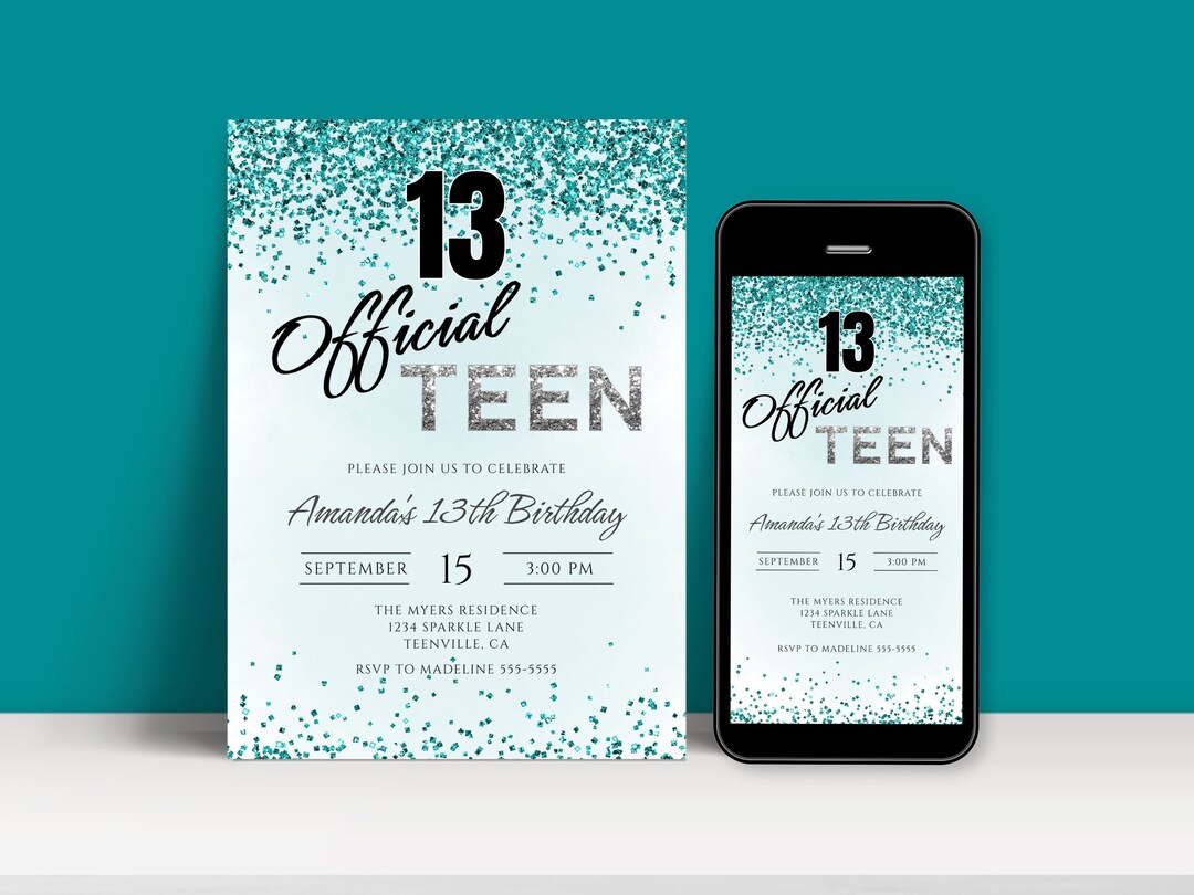Thirteenth Birthday Invitation for Girls, Official Teen Party Invite ...