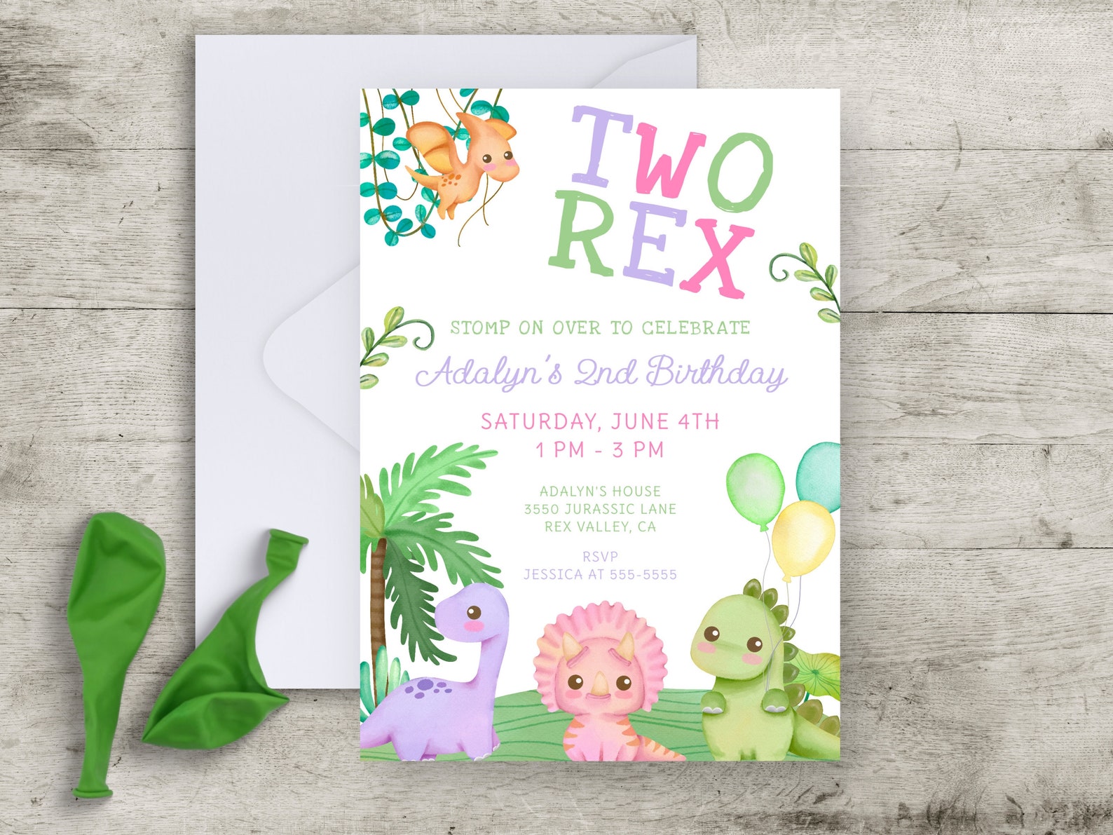 Pastel Two Rex Party Invitation Template, Girl Dinosaur Invite, Pink ...
