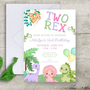 Pastel Two Rex Party Invitation Template, Girl Dinosaur Invite, Pink ...