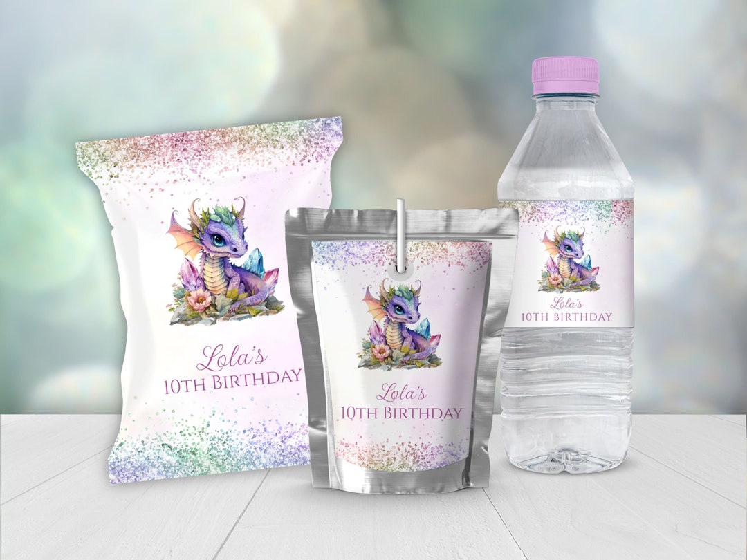 Girl Dragon Snack Bundle, Chip Bag Wrapper, Water Bottle Label, Juice ...