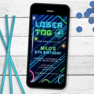 Laser Tag 8th Birthday Invitation Template, Boys Neon Glow Party, Kids ...