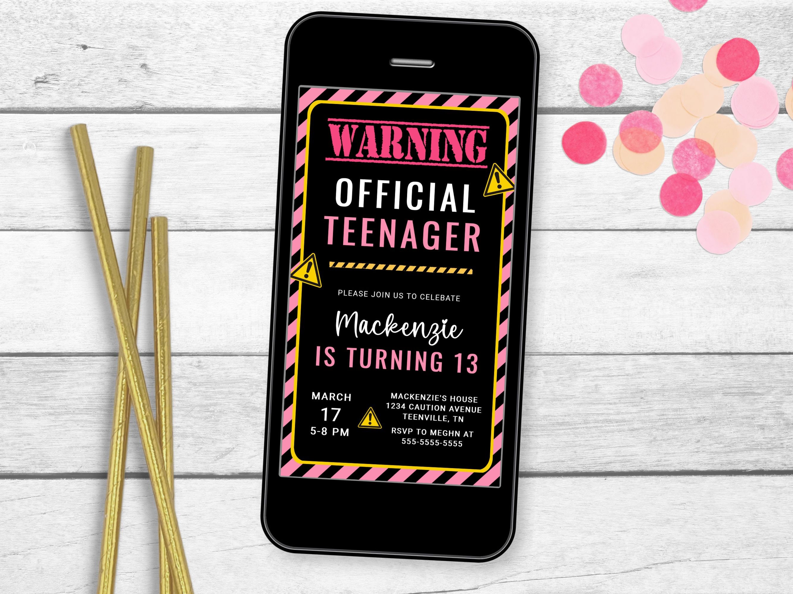 Editable 13th Birthday Invitation, Warning Official Teenager Invite ...